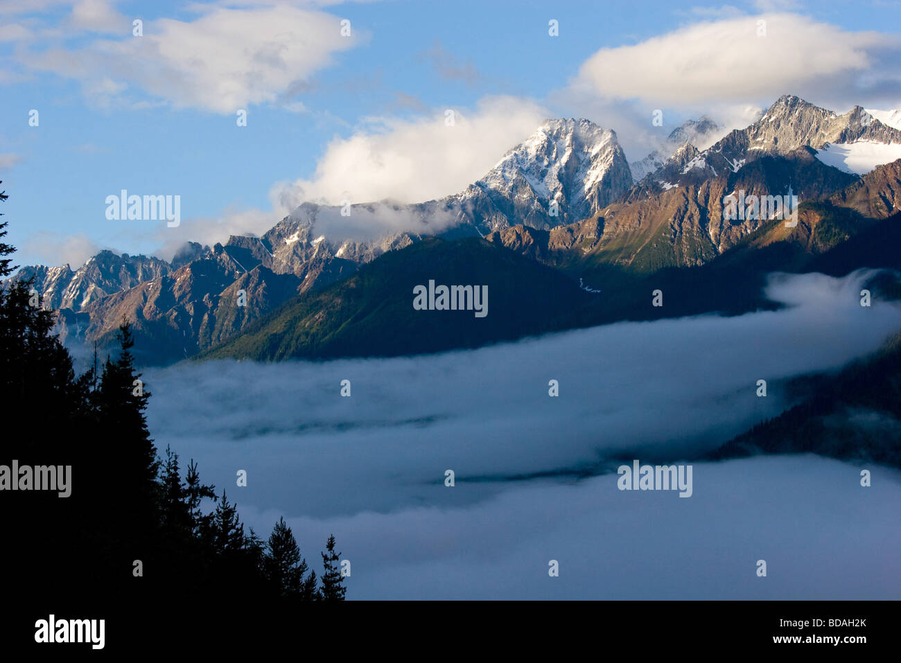 Rugged peaks of the Selkirk Range shrouded in mist from the valley ...