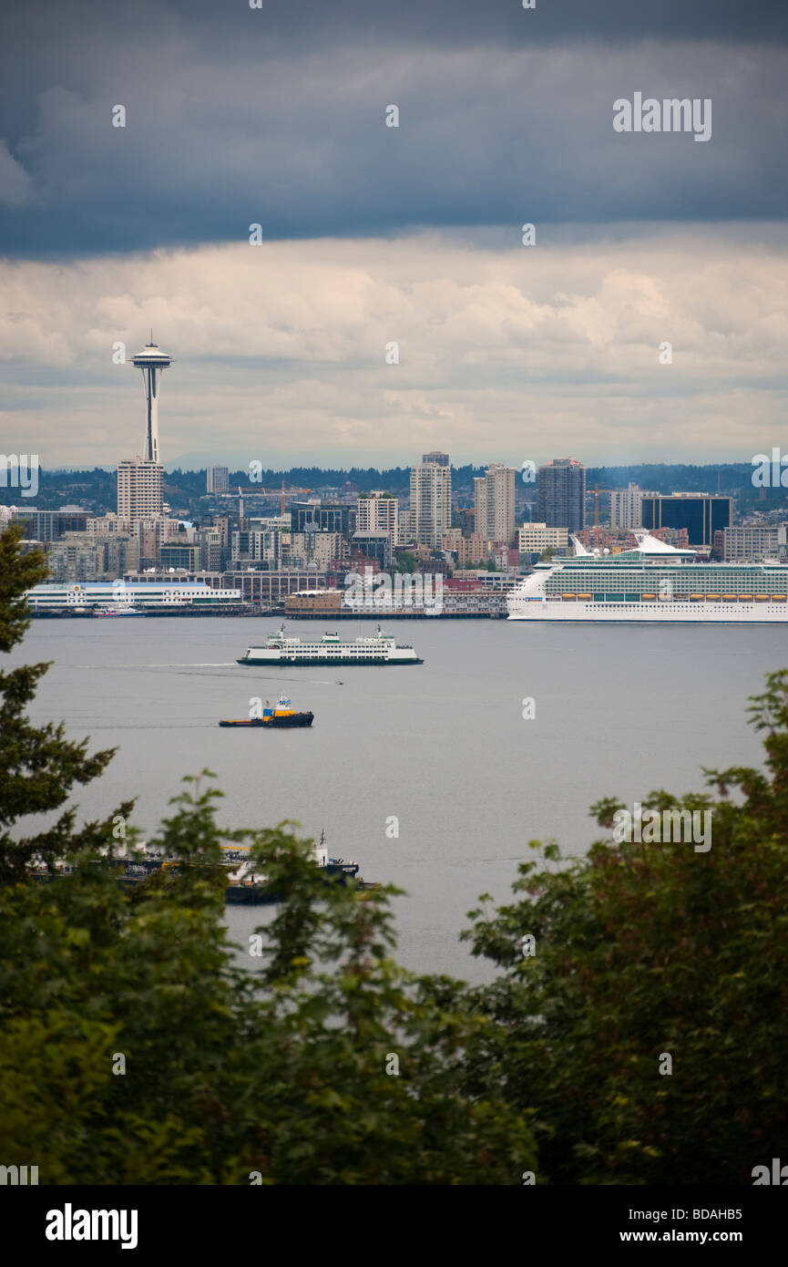 The Seattle skyline as seen from West Seattle. Ships and boats ply the ...