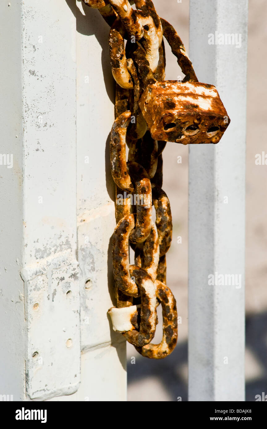 Rusted metal chain and lock in downtown Miami Beach, Florida Stock ...