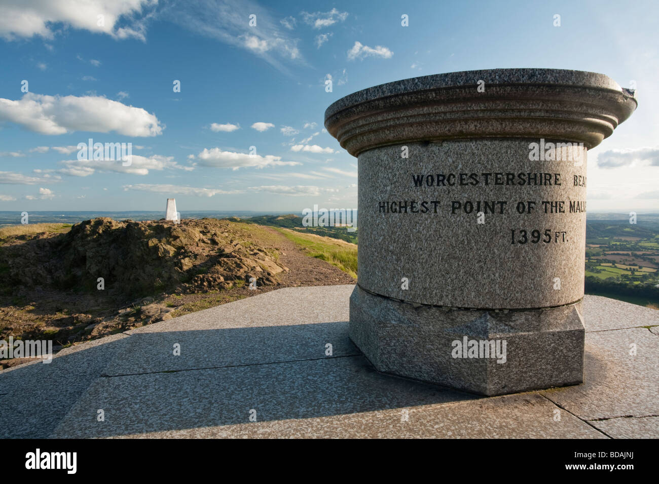 Summit stone and plaque memorial on the top of Worcestershire Beacon ...