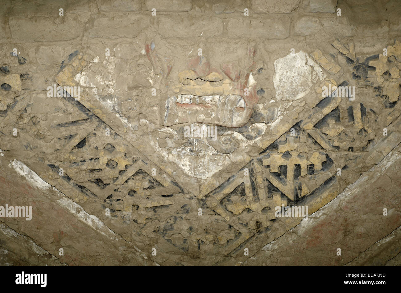 Mural in Huaca de la Luna adobe mud brick structure of the Moche pre ...