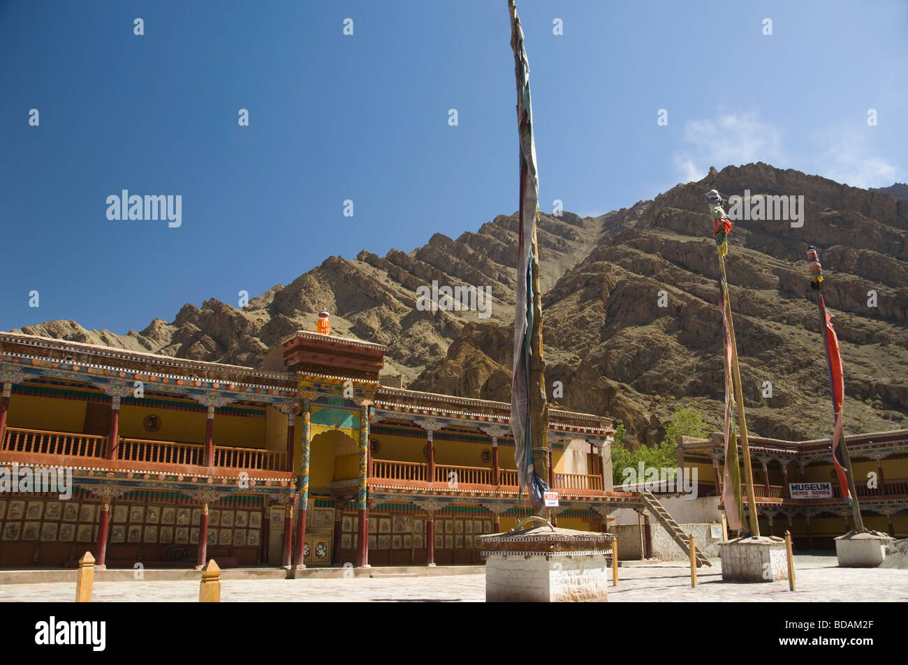 Prayer flags in front of a monastery, Hemis Monastery, Hemis, Ladakh ...