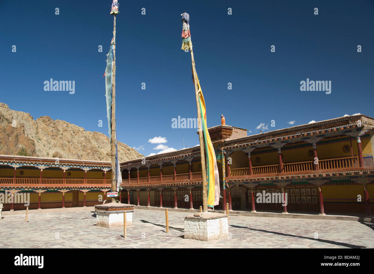 Prayer flags in front of a monastery, Hemis Monastery, Hemis, Ladakh ...