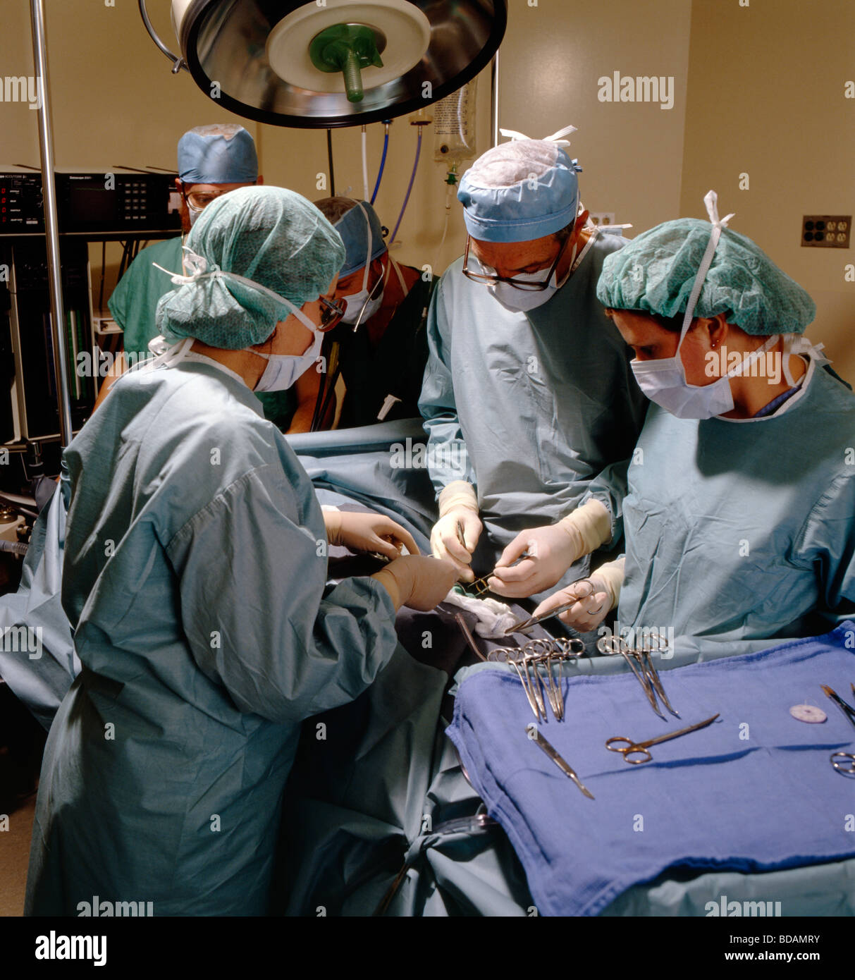 A team of healthcare workers and physicians perform a surgery on a ... A team of healthcare workers and physicians perform a surgery on a ...