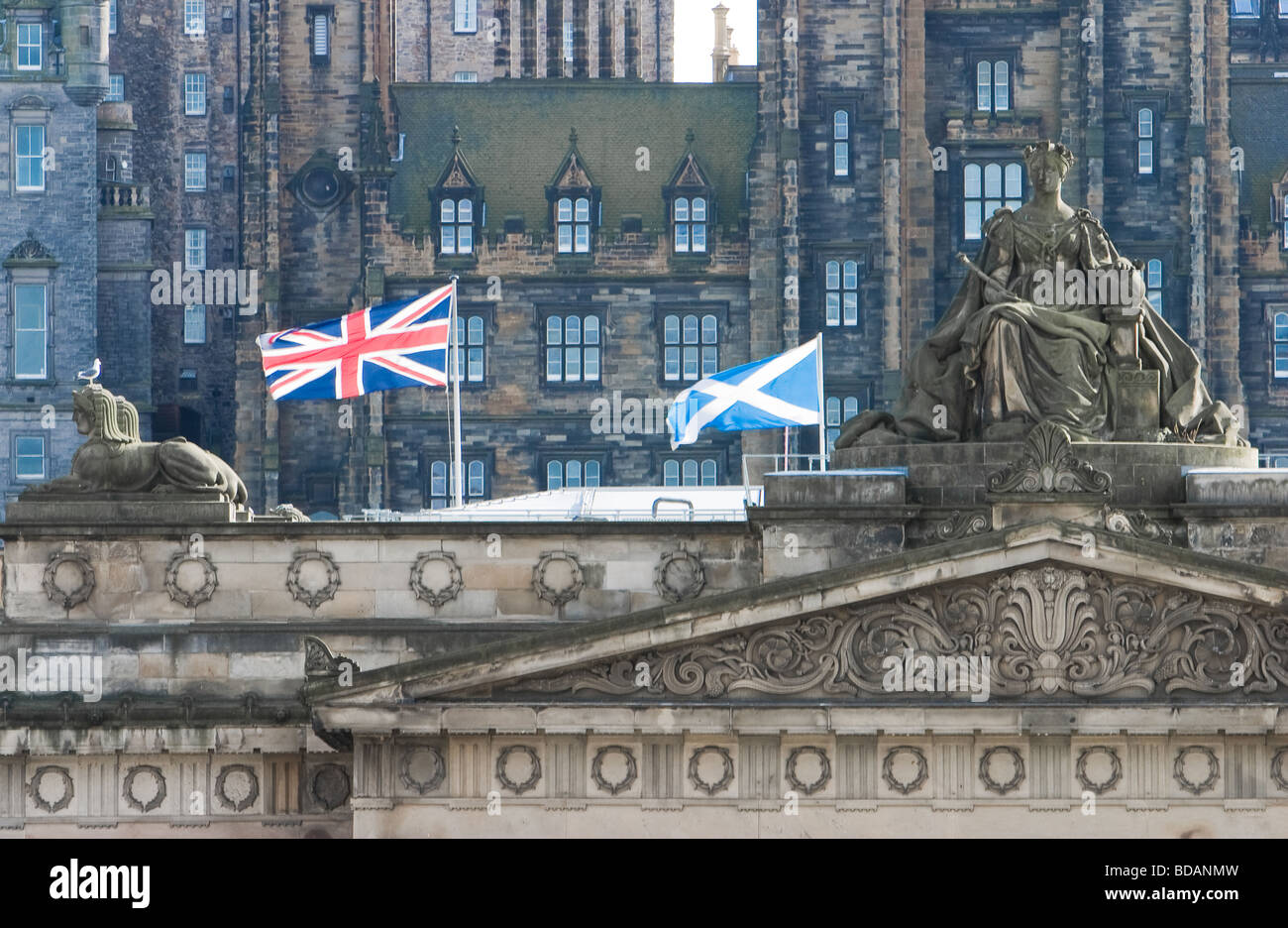 Stone carving of Queen Victoria on top of the Scottish National Gallery ...