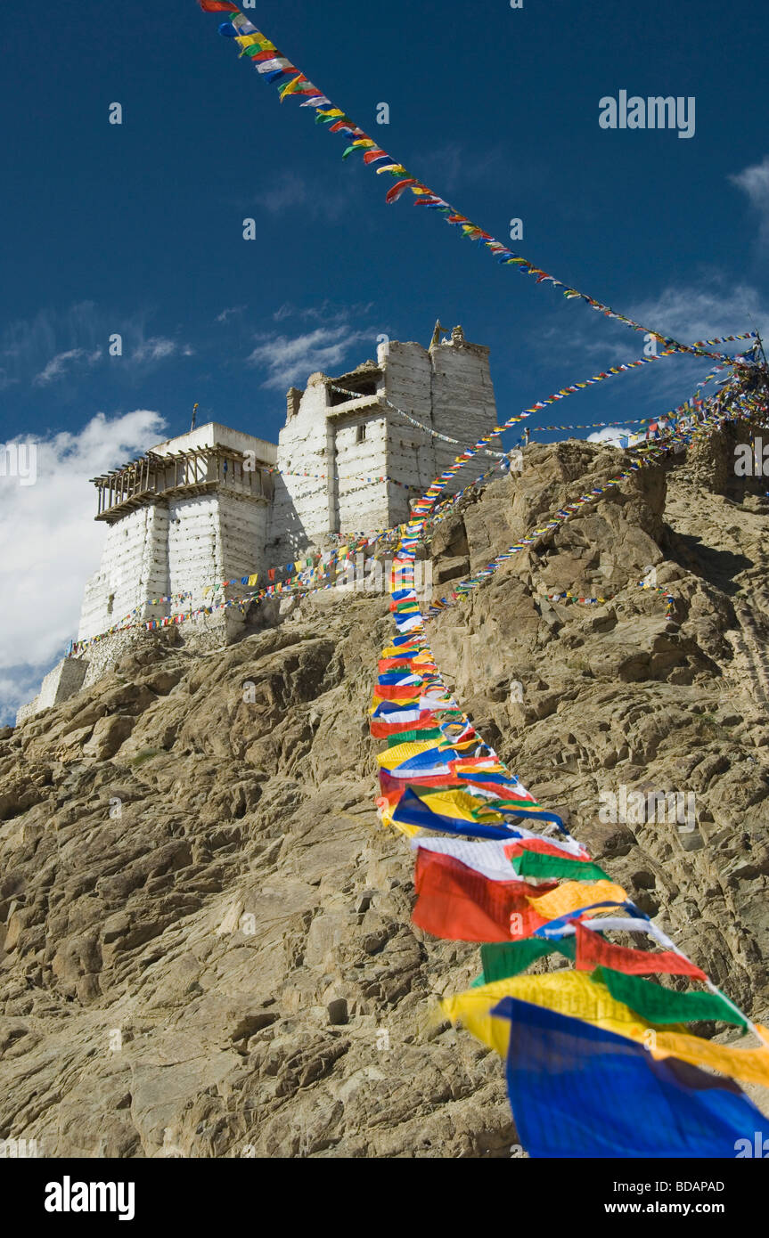 Prayer flags near a fort, Victory Fort, Leh, Ladakh, Jammu and Kashmir ...