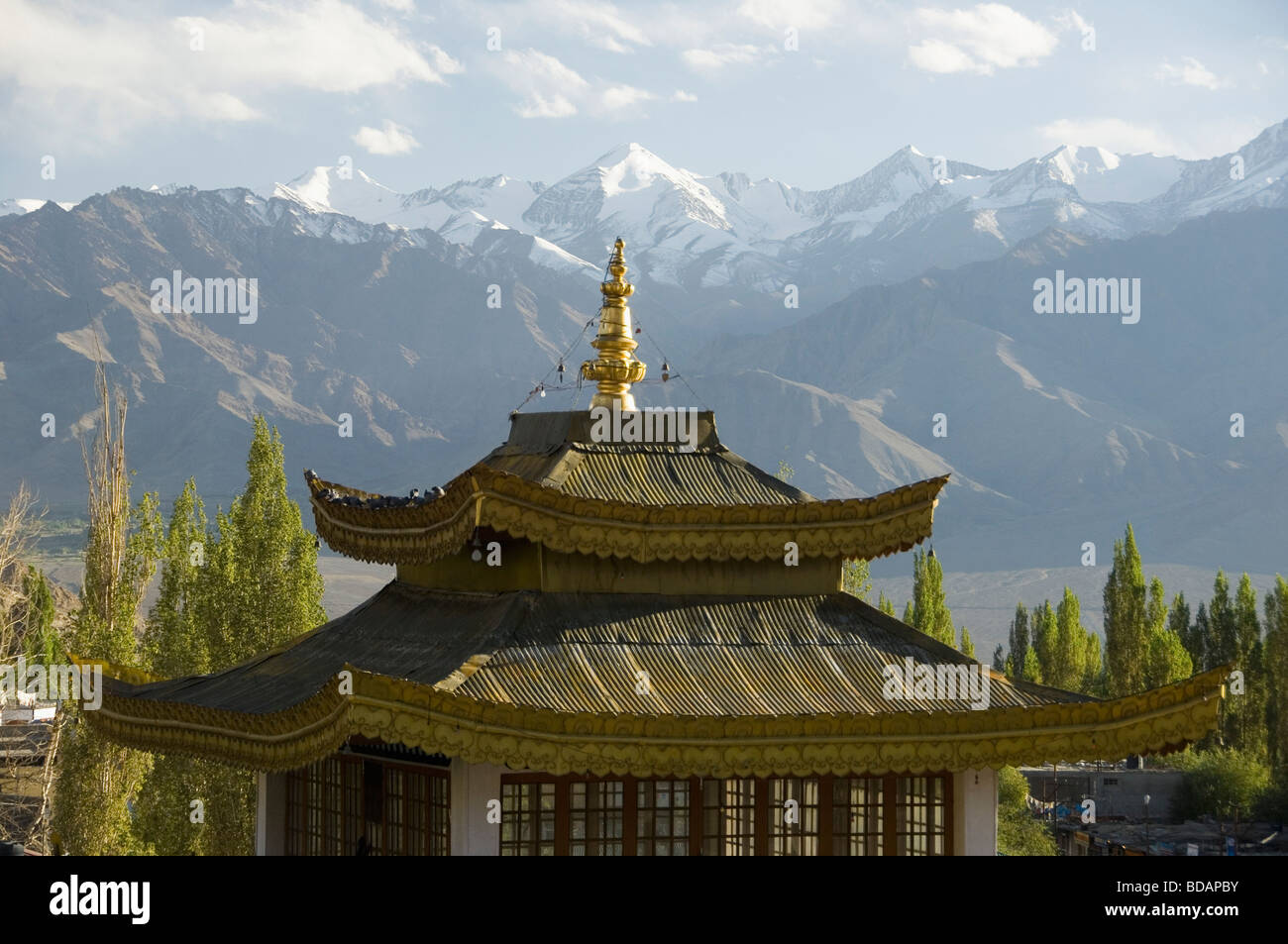 Buddhist temple with a mountain range in the background, Himalayas, Leh ...
