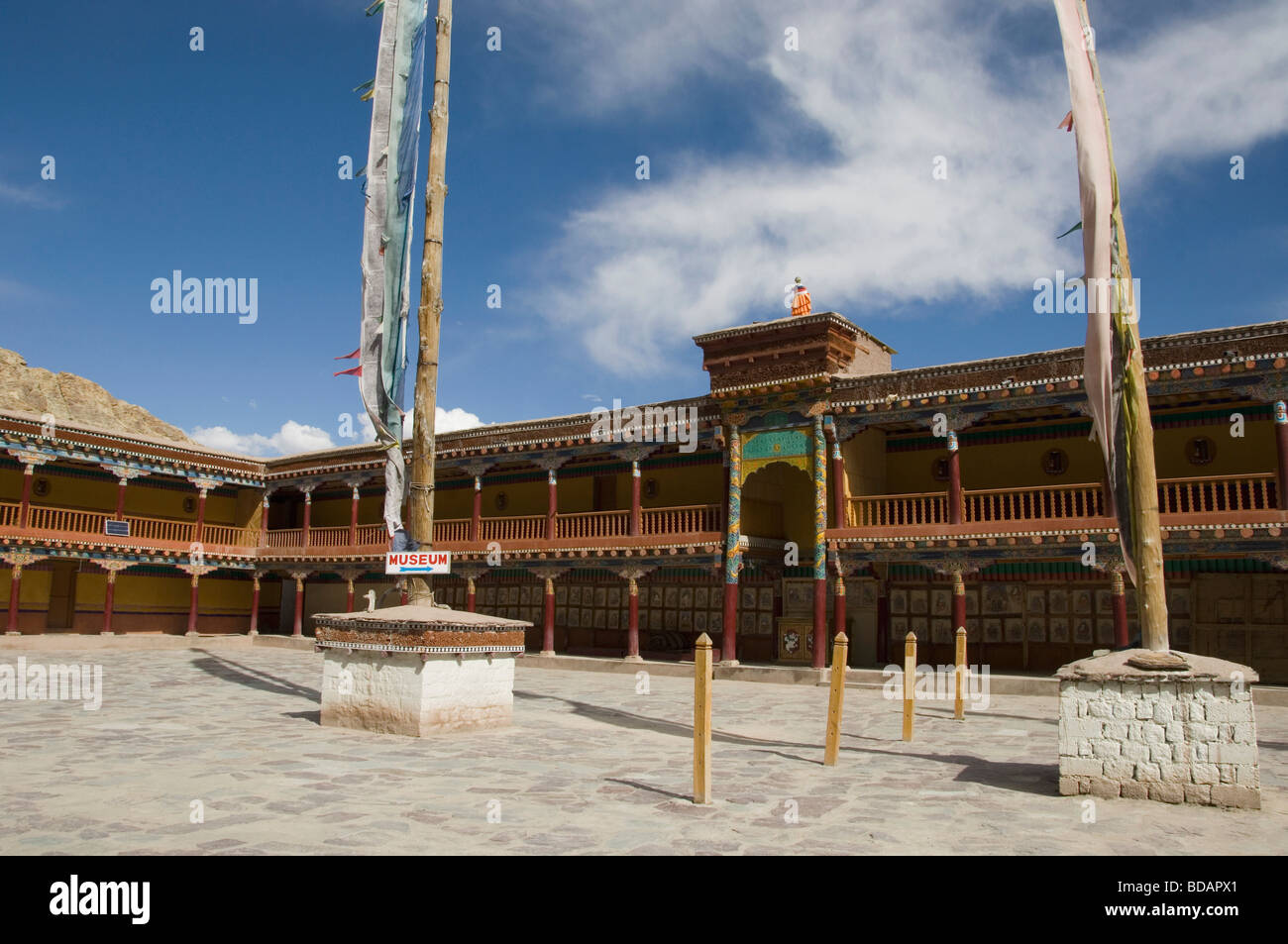 Prayer flags in front of a monastery, Hemis Monastery, Hemis, Ladakh ...