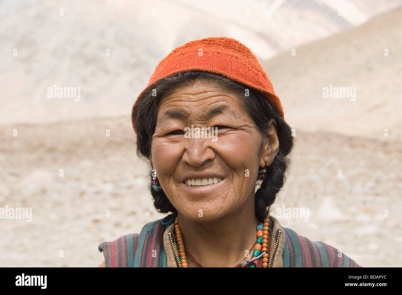 Close-up of a woman smiling, Ladakh, Jammu and Kashmir, India Stock ...
