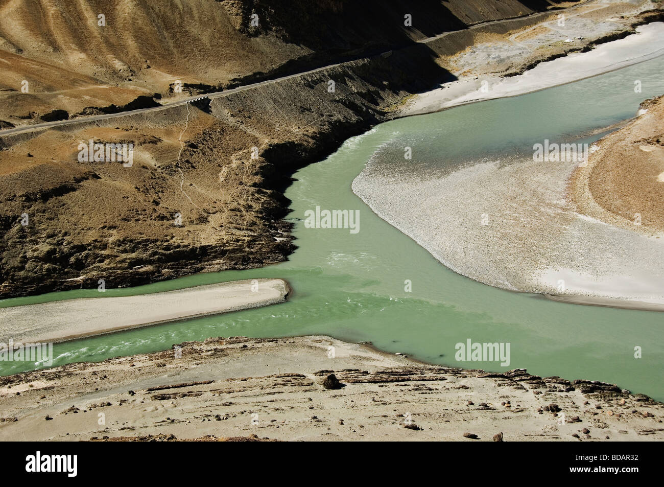 Rivers forming a delta, Indus River, Zanskar River, Ladakh, Jammu and ...
