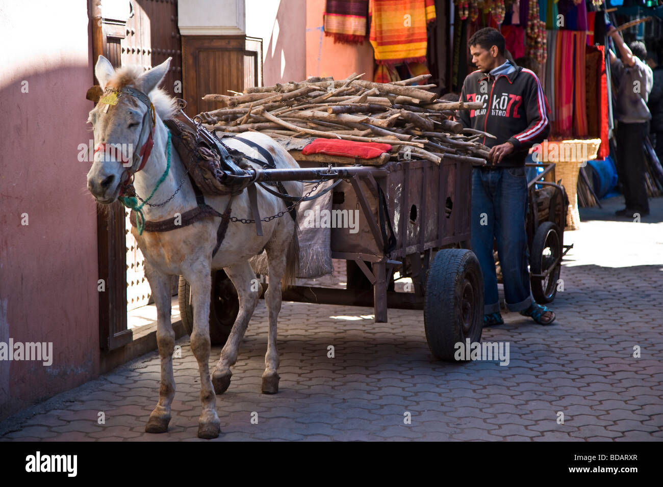 A donkey cart loaded with timber in the Souk, Medina, Marrakesh ...