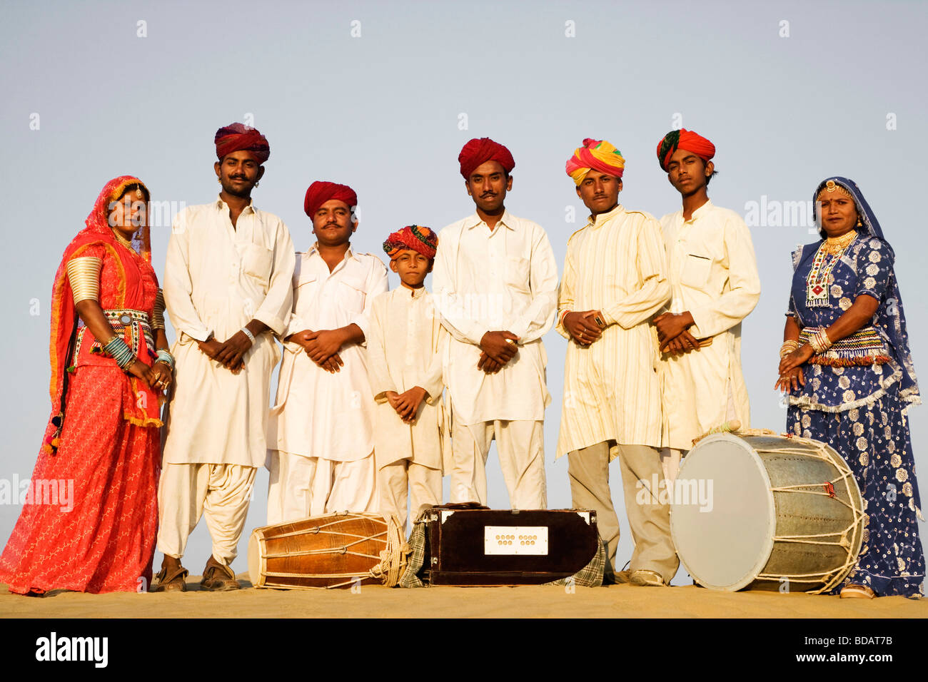 Folk artists performing in a desert, Thar Desert, Jaisalmer, Rajasthan ...