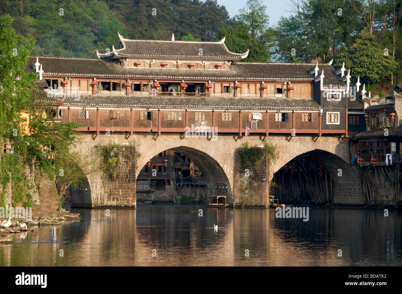 Hong Qiao Bridge in evening light spanning Tuo River Ancient Town of ...