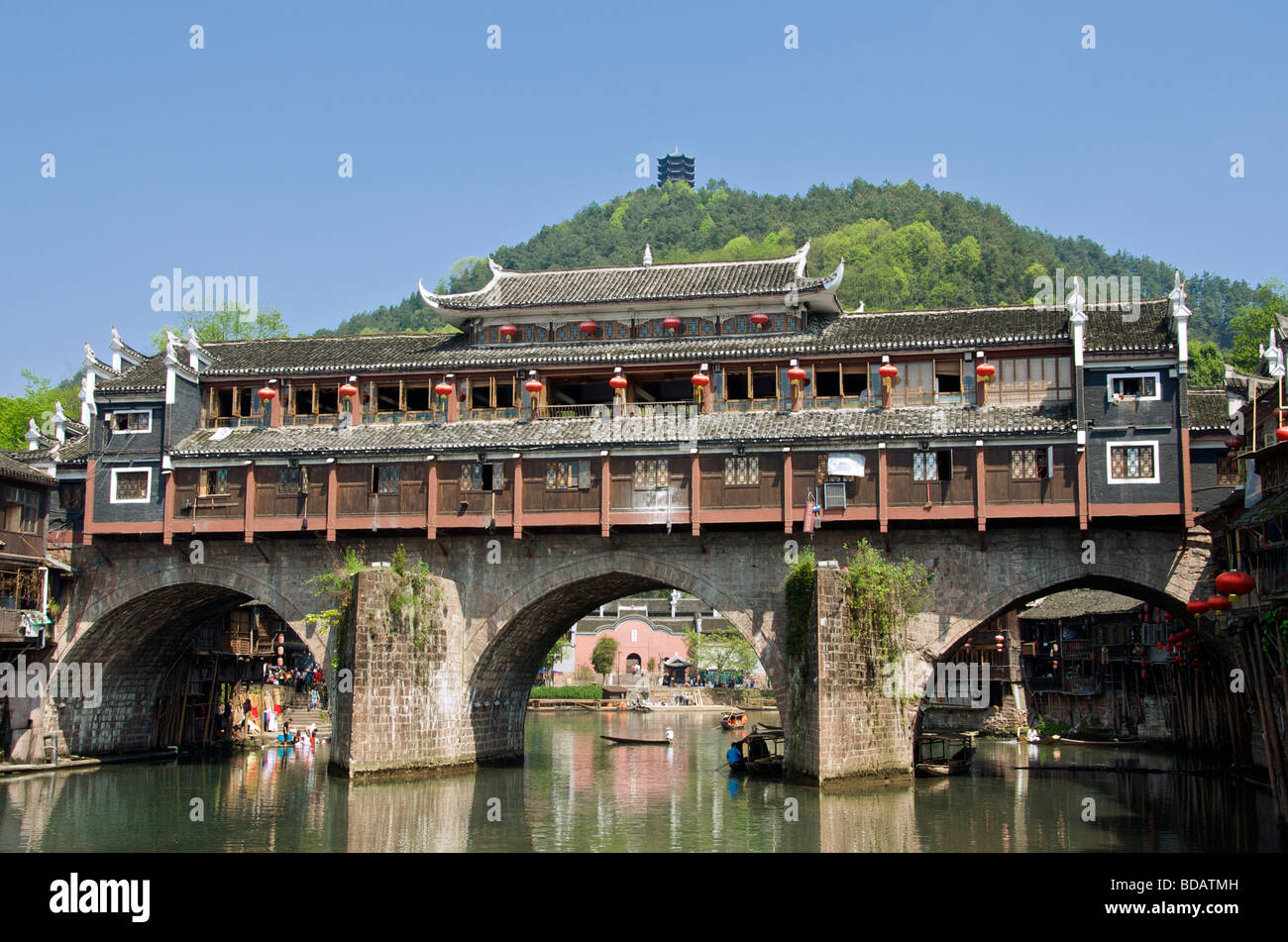 Hong Qiao Bridge spanning Tuo River Ancient Town of Fenghuang Hunan ...