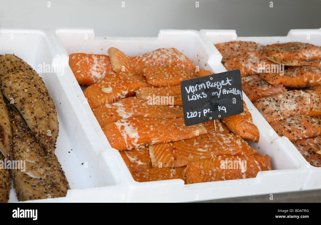 Smoked mackerel and salmon fillets at a mobile fishdealer Stock Photo ...