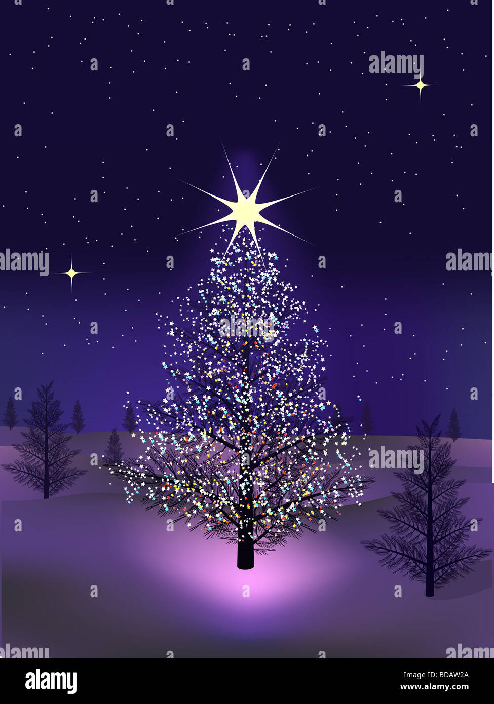 snowy field at night with Christmas tree filled with lights Stock Photo ...