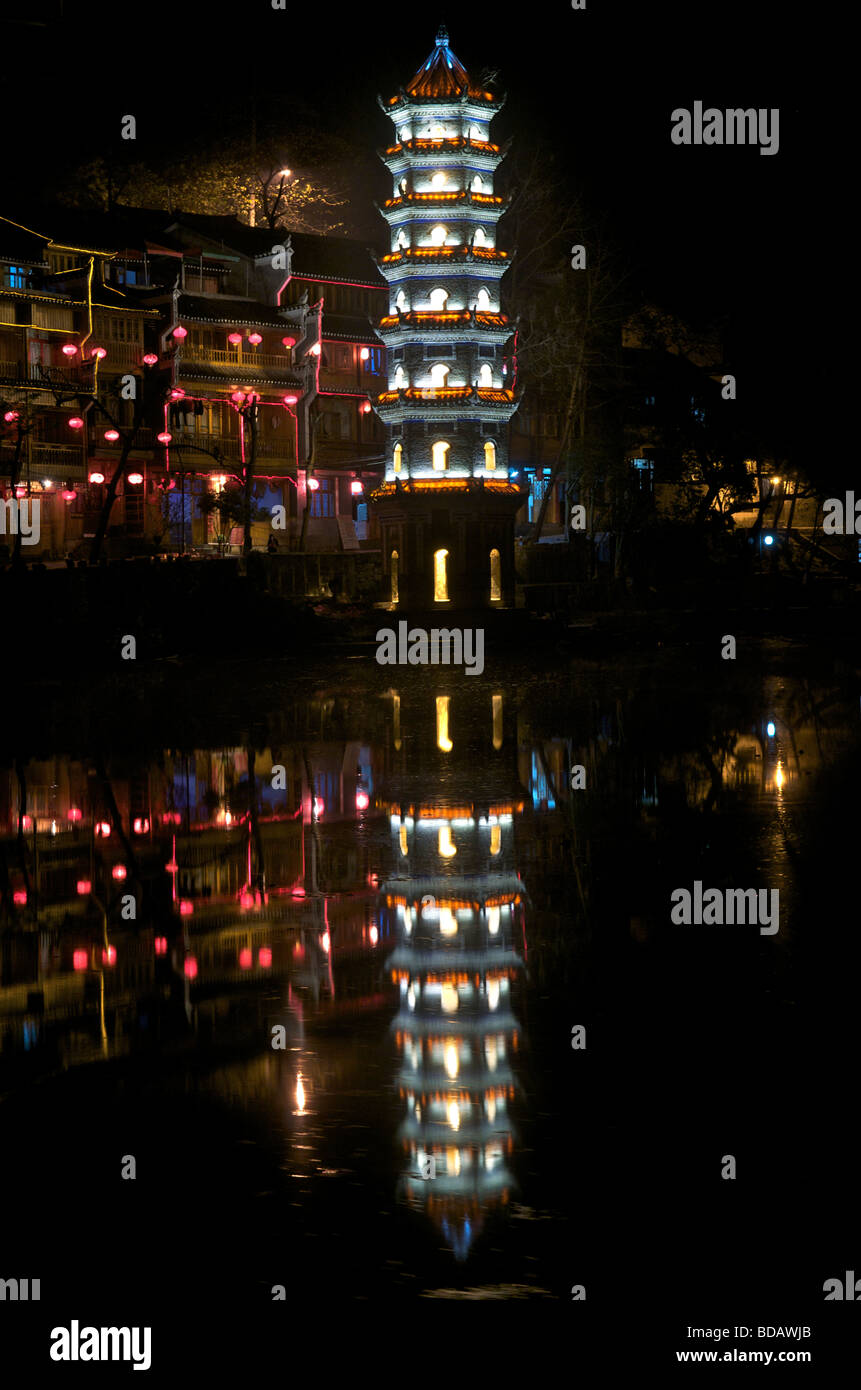 Wanming Pagoda at night Ancient Town of Fenghuang Hunan China Stock ...