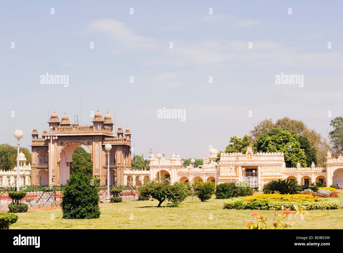 Trees in a formal garden, Mysore Palace, Mysore, Karnataka, India Stock ...