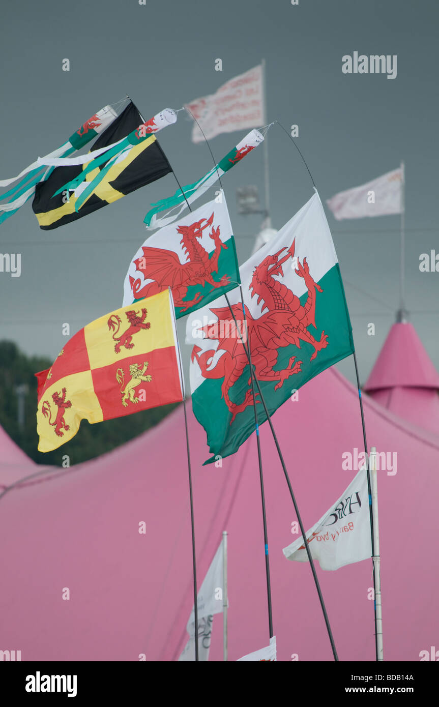 various welsh banners fluttering in the wind at the National Eisteddfod ...