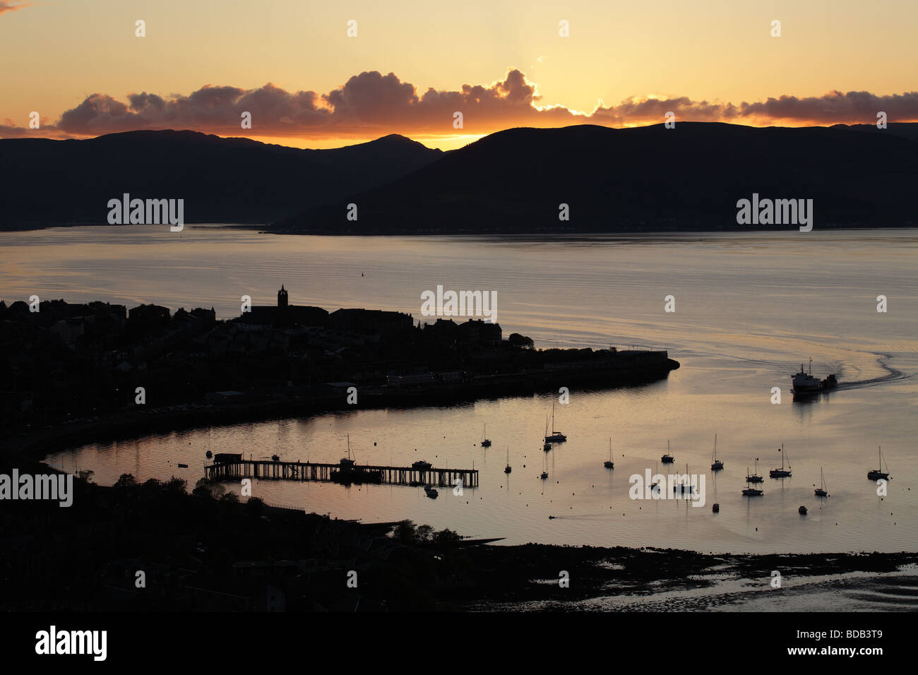 Sunset over the town of Gourock and Firth of Clyde on the West Coast of ...