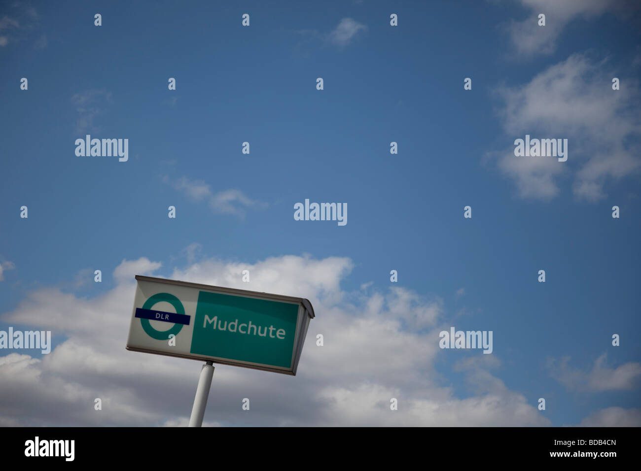 DLR sign at Mudchute at the bottom of the Isle of Dogs in London The ...