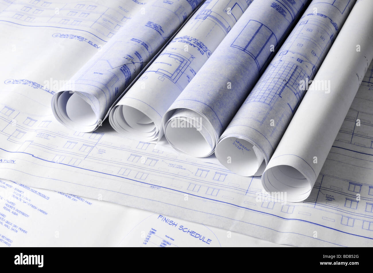 Rolls of architectural blueprint on a drawing table Stock Photo - Alamy