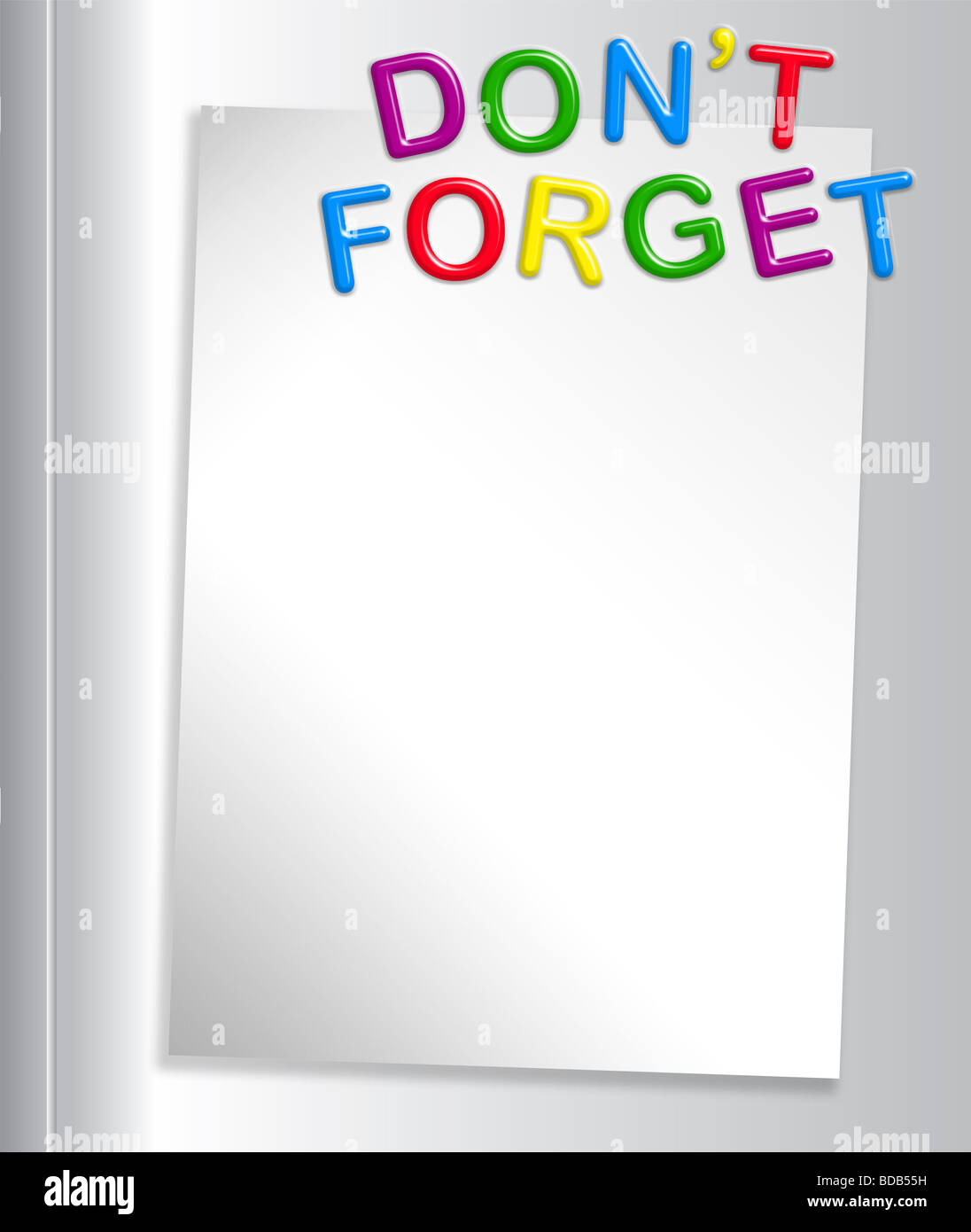‘DON’T FORGET’ spelt out by magnetic fridge letters with attached white ...