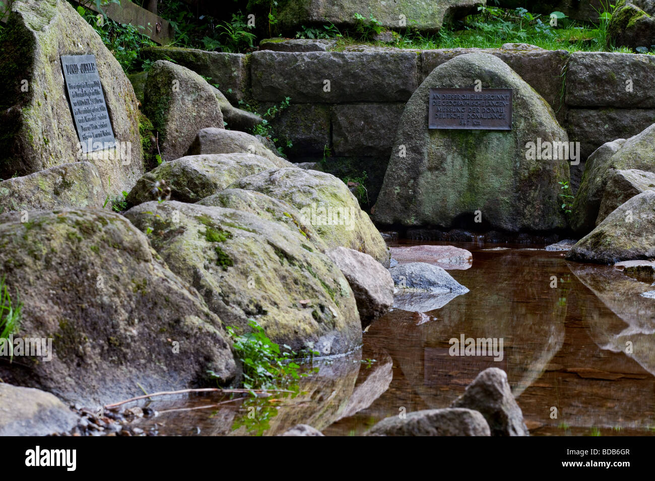 Plates that mark the begining of Danube river in Schwarzwald Germany ...
