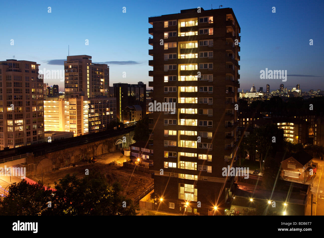 Evening view of residential estate from derelict council block with ...