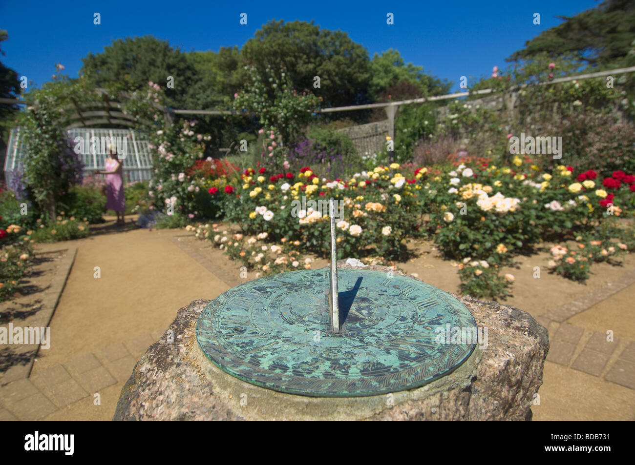 Sundial in the formal flower gardens at La Seigneurie, Island of Sark ...