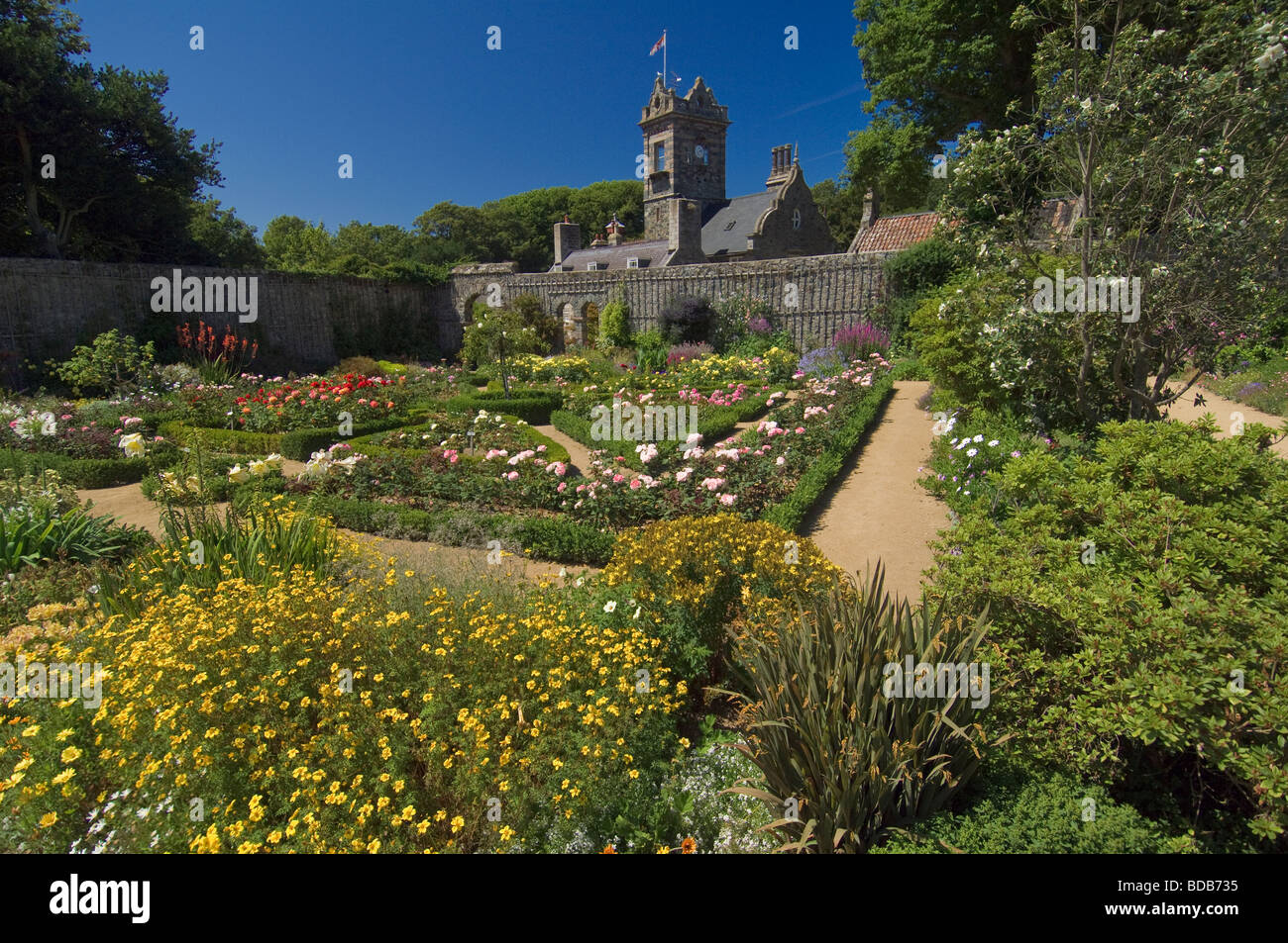 Formal flower gardens at La Seigneurie, Island of Sark, Channel Islands ...