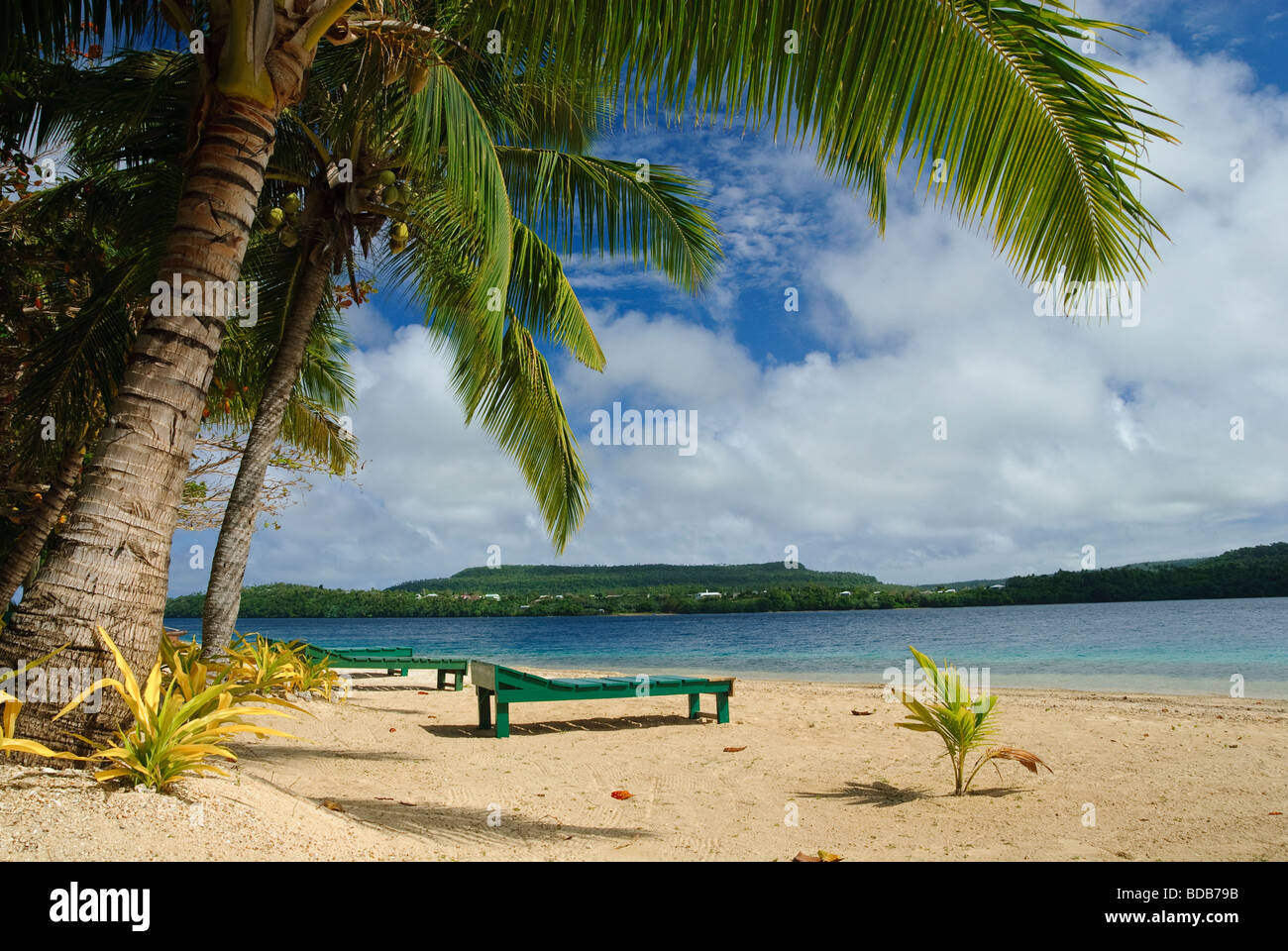 Deck chairs on sandy beach, Tongan Beach Resort, VaVa'u, Tonga Stock ...