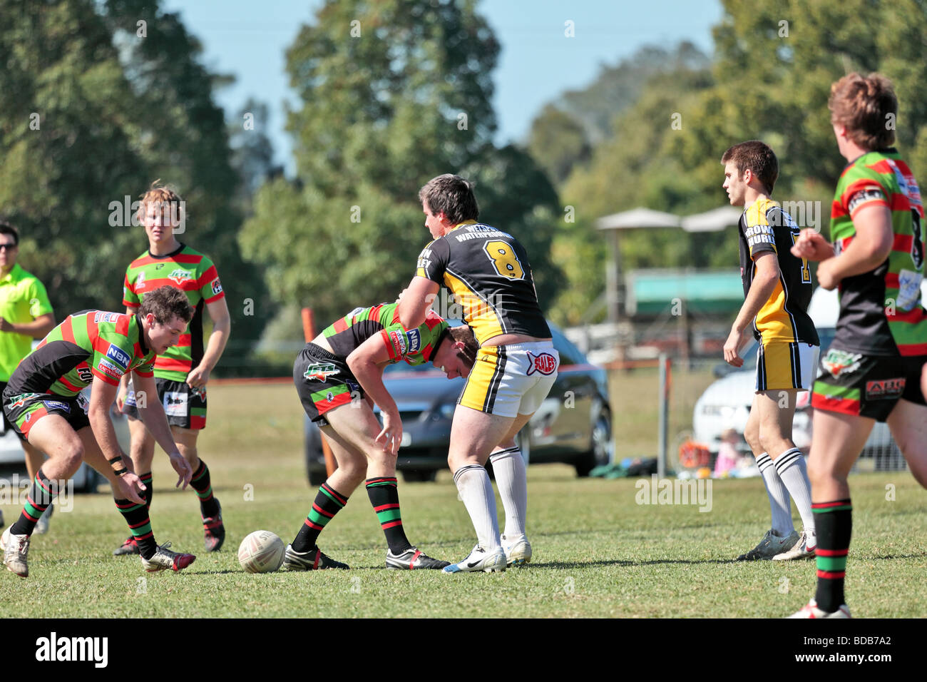 Teams of Australian rugby league playing a match showing the elements ...