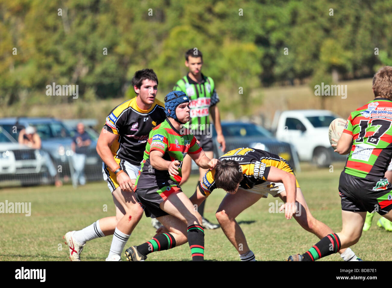 Teams of Australian rugby league playing a match showing the elements ...