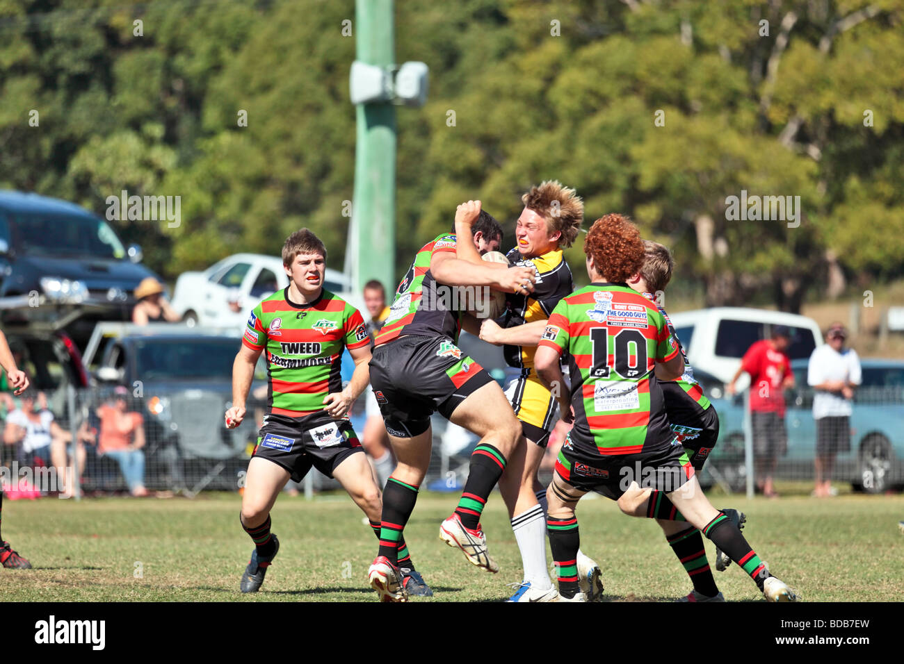 Teams of Australian rugby league playing a match showing the elements ...