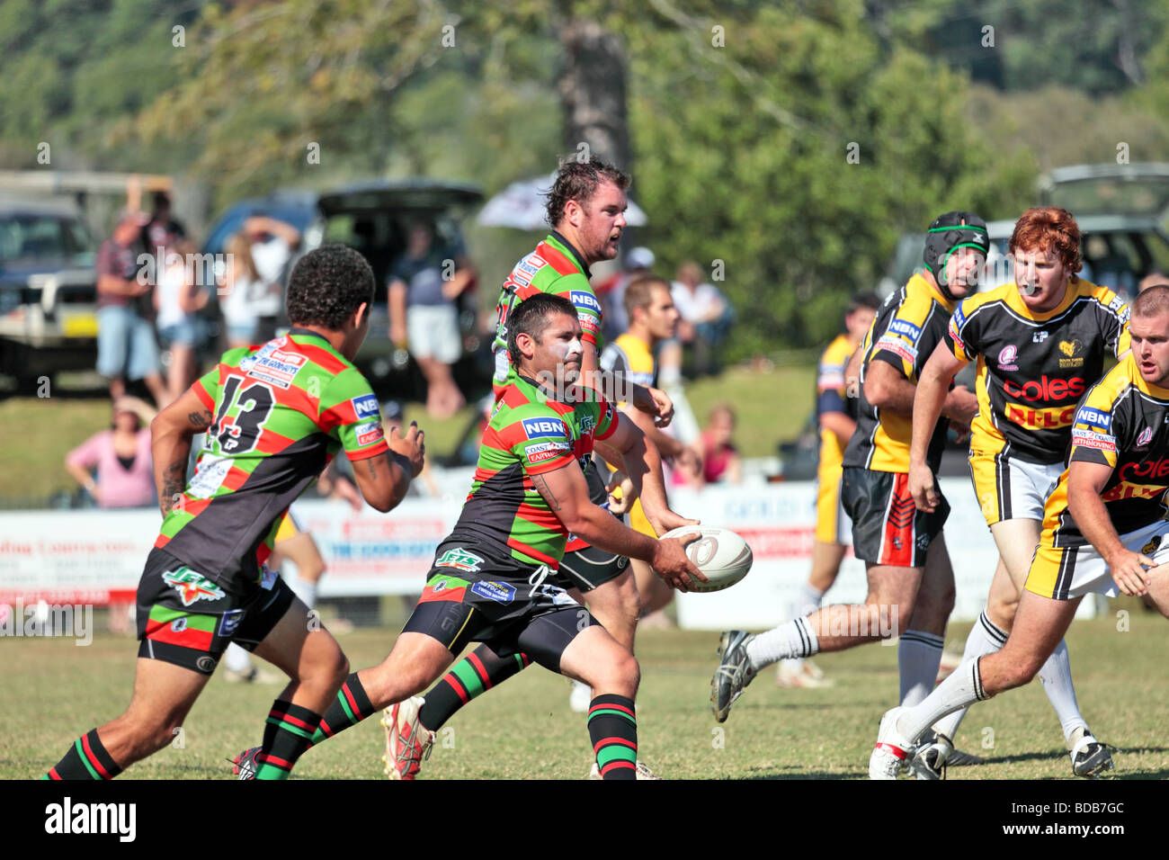 Teams of Australian rugby league playing a match showing the elements ...