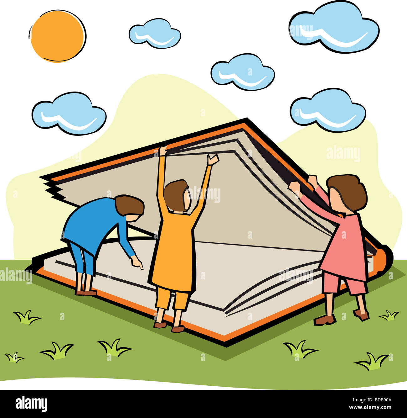 Children opening a large book Stock Photo - Alamy