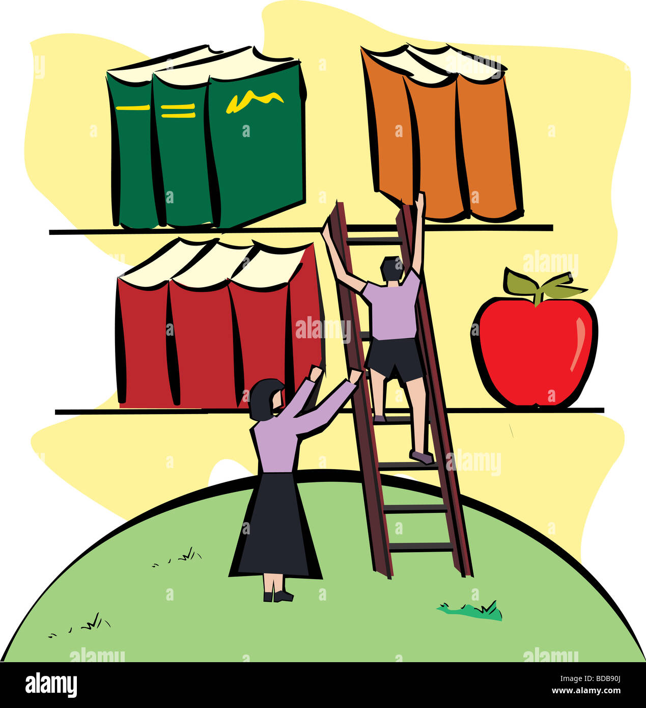 Boy climbing a ladder to reach books Stock Photo - Alamy