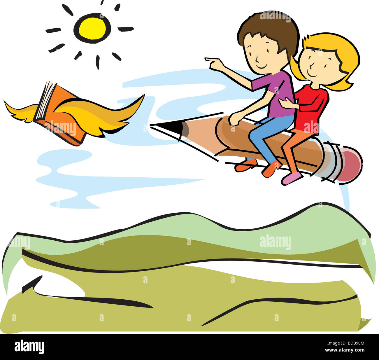 Children riding a pencil flying behind a book Stock Photo - Alamy