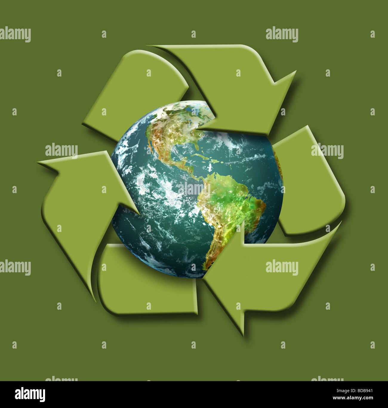Planet Earth with Recycle Symbol on a green background Stock Photo - Alamy