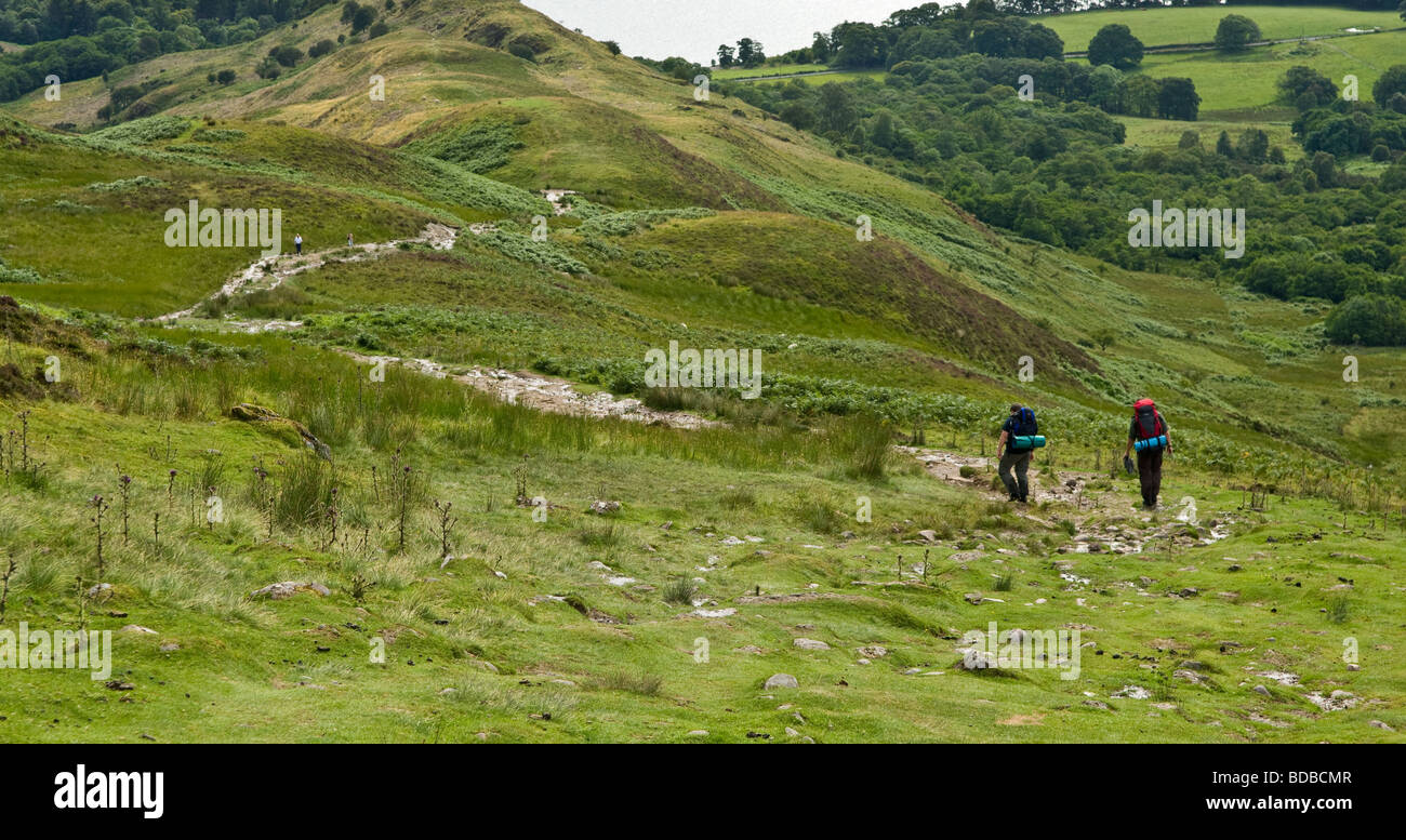 two male ramblers walking down from the top of Conic Hill which over ...
