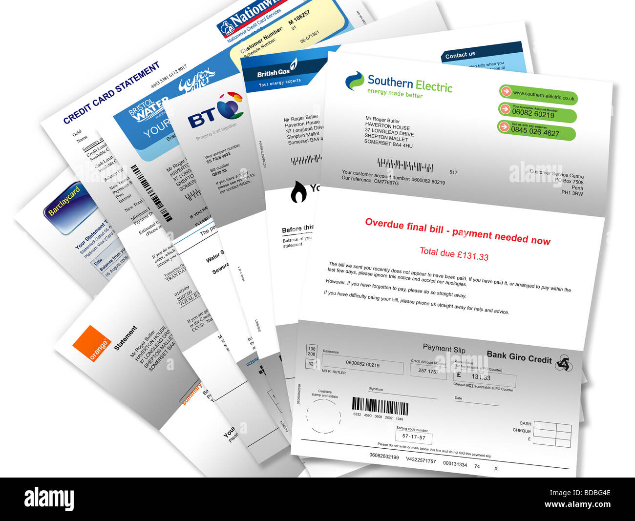 Bills (gas, electricity, telephone, mobile, water and credit cards) on ...