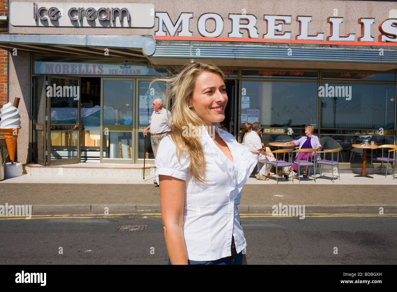 Bibi Morelli ourside the ice cream and cafe bar on Broadstairs sea ...