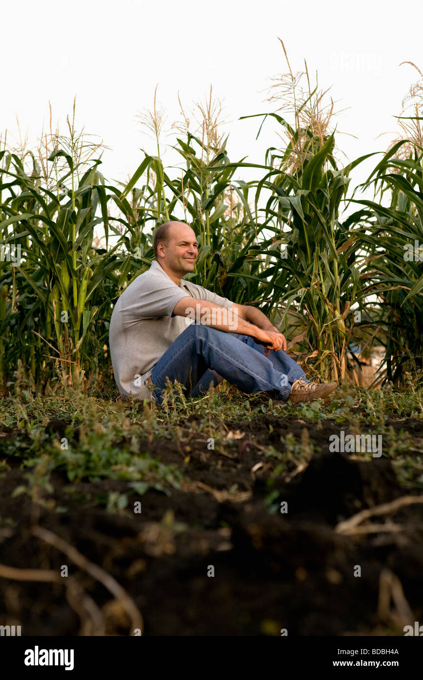 portrait of farmer sitting in corn field Stock Photo - Alamy