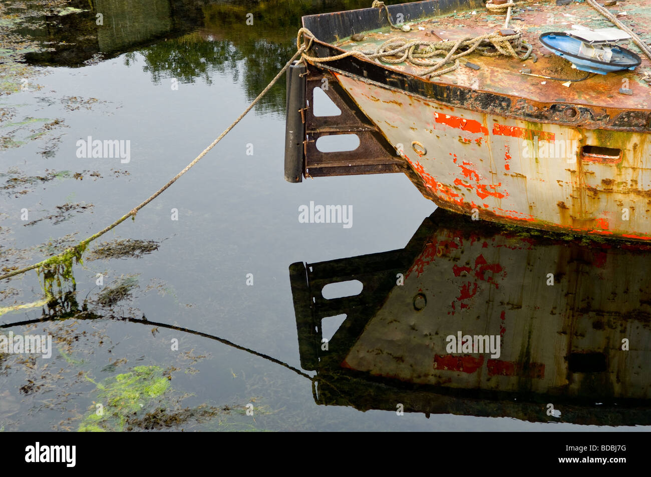 Disused, old rusty fishing boat moored up at Glencoe, Loch Leven ...