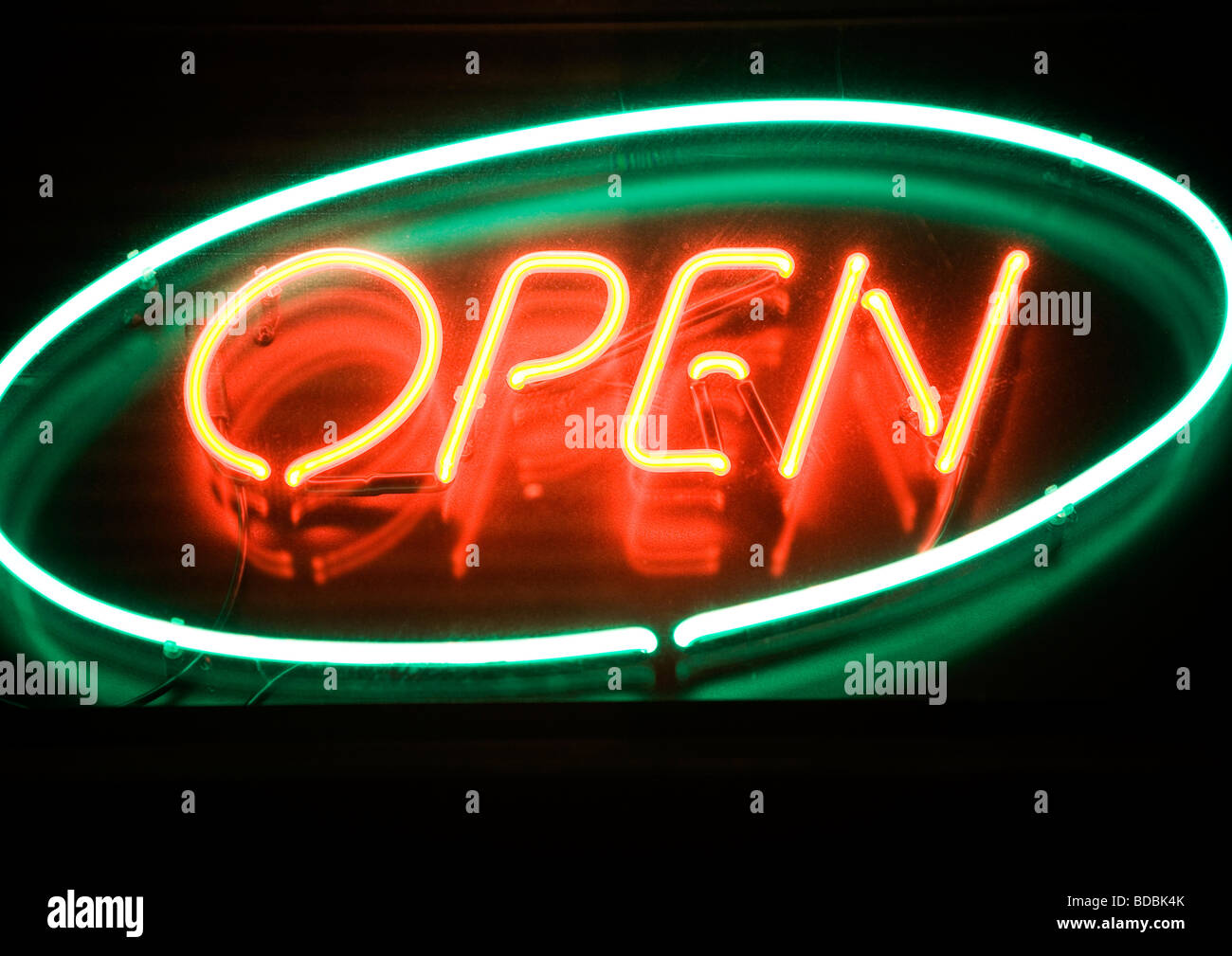 neon sign saying open at night Stock Photo - Alamy