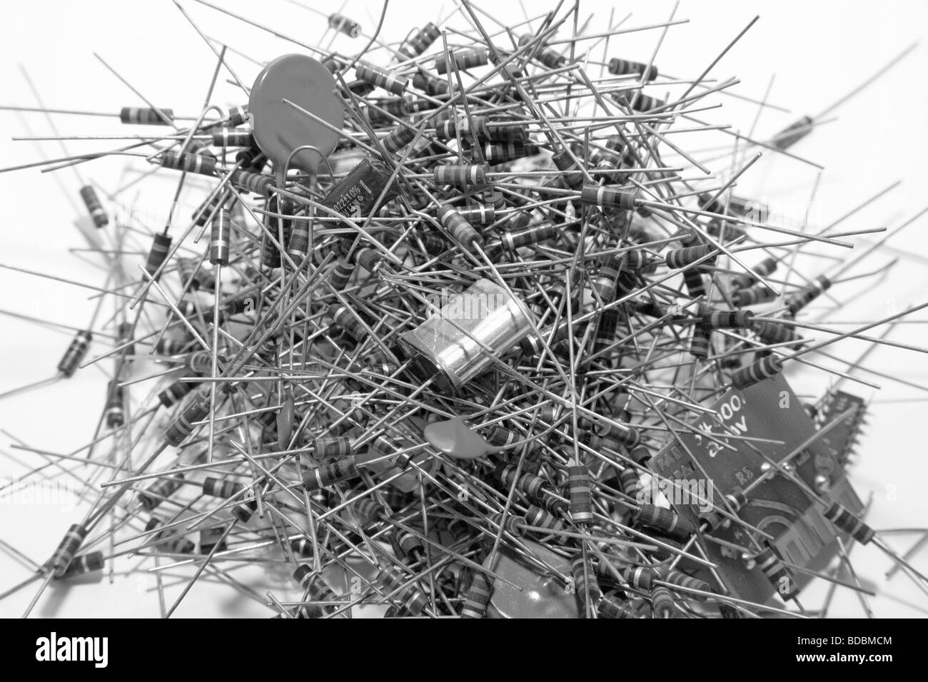 pile of old resistors capacitors and electronic components on white ...
