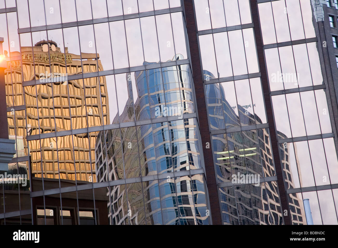 Reflections of high rise buildings in downtown Vancouver, British ...