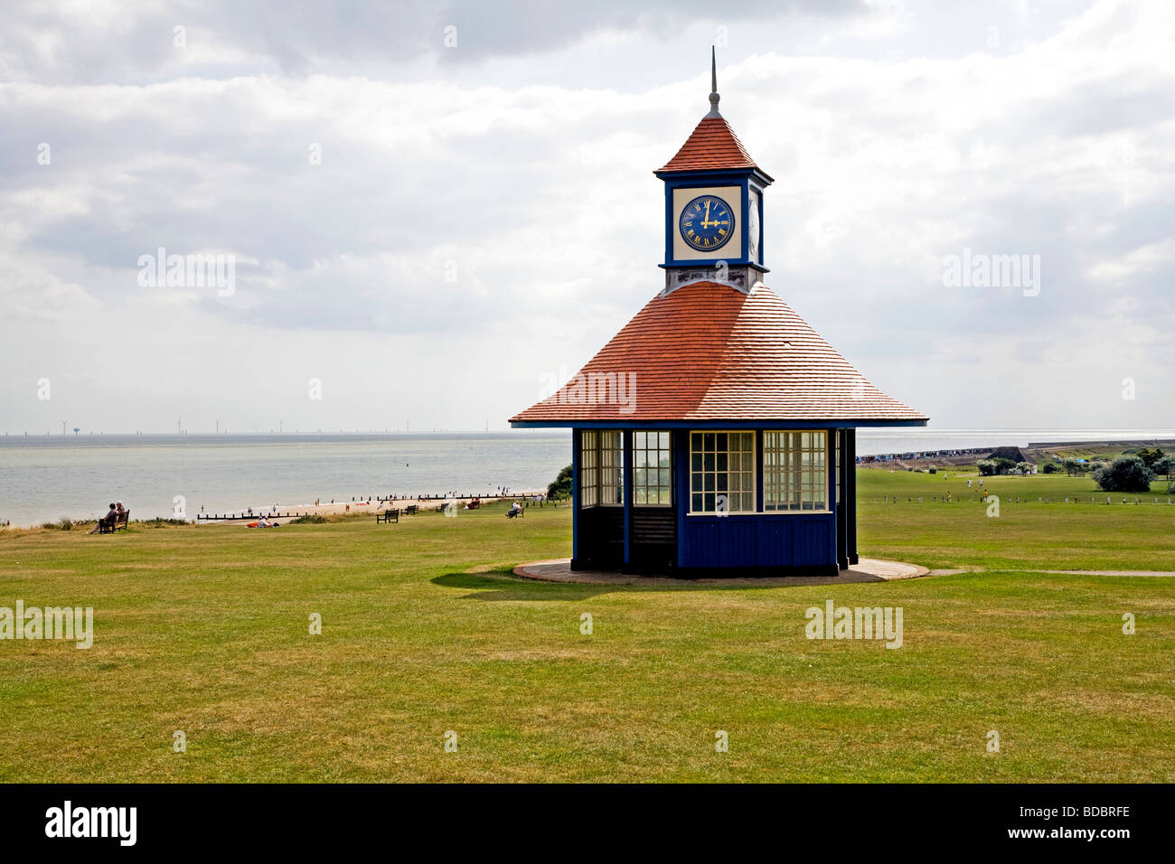 Clock tower and shelter on the cliff top at Frinton on Sea Stock Photo ...