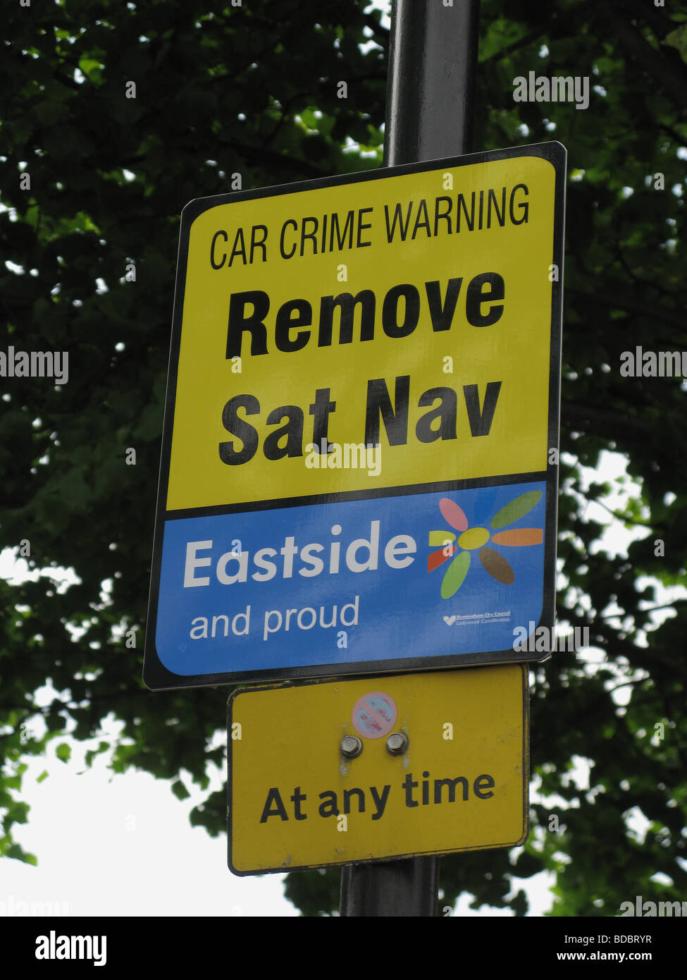 car crime remove sat nav theft warning sign at Eastside Birmingham UK ...